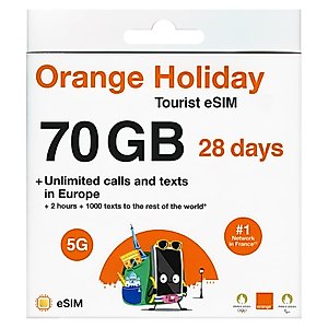 70GB 28 Day Orange Europe eSIM, Unlimited Local Calls/Text, 120 Minutes+1000 Texts to Worldwide, eSIM QR Code Sent by email Within 24Hrs of Shipping. Scan QR Code and use Immediately!