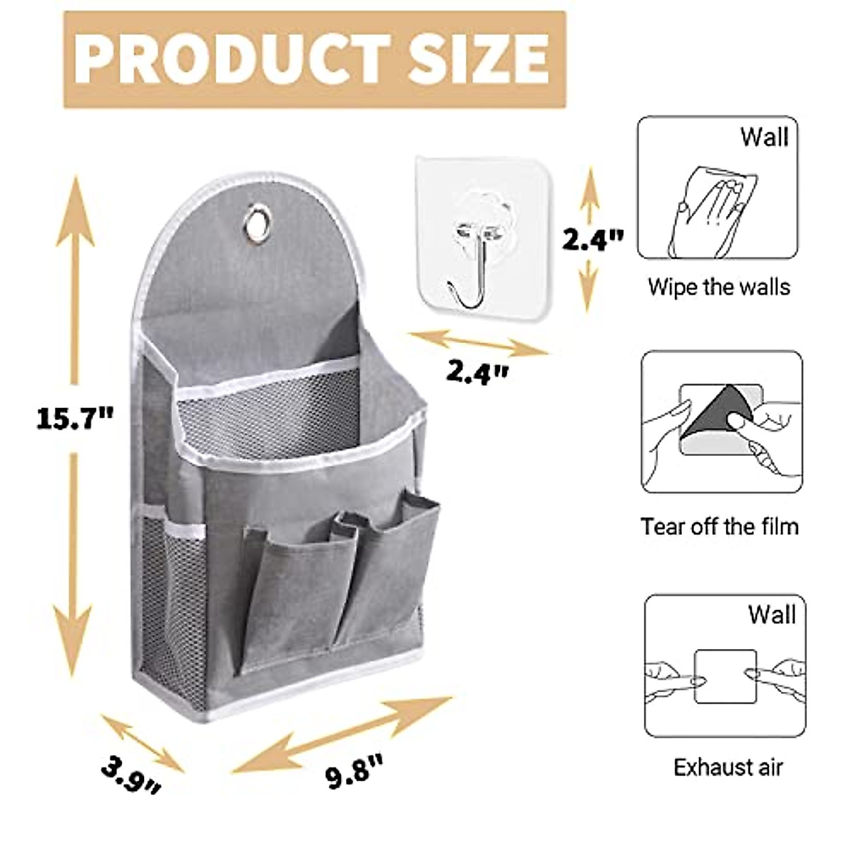 AIVIIN 2 Pcs Fabric Wall Hanging Storage Caddy Bag，Over The Door Closet Organizer for Bathroom Bedroom Kitchen Dorm Room Essentials Rv Storage and Organization Bed Side Storage(Grey)