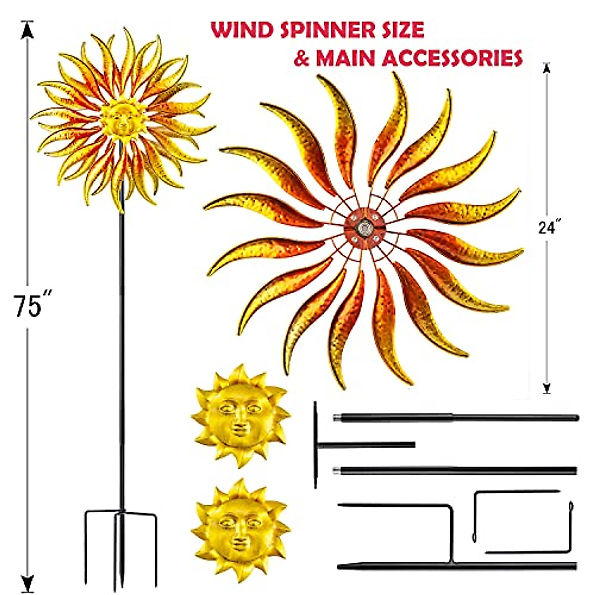 Fawgold Wind Spinner Outdoor Metal Sun Wind Sculpture Spinners for Yard Patio Lawn Garden Decoration 75 inches Double Windmill 360 Degrees Swivel Spinner with Metal Stake