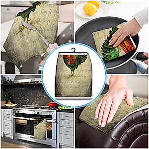 BEKYONEE Kitchen Towels 2 Pack Absorbent Dish Cloth Vintage Farm Animal Rooster Dish Towel for Home Drying Dishes Soft Hand Towels Cleaning Cloths Old Letter Back