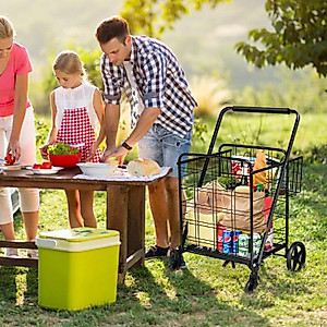 Safeplus Folding Shopping Cart, Heavy Duty Utility Cart with Rolling Swivel Wheels&Double Basket, Grocery cart for Grocery, Laundry,Book,Luggage, Travel (Heavy Duty 25" x 25" x 40", Black)