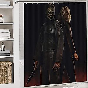 4Pcs Halloween Ends Shower Curtain Set with Non-Slip Rugs, Toilet Lid Cover and Bath Mat, Halloween Michael Myers Bathroom Decor Sets with 12 Hooks 70.9 X 70.9 Inches