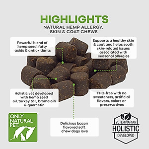 Only Natural Pet Allergy, Skin & Coat Hemp Soft Chews - Allergy Immune Bites for Dogs, Omega 3 Supplement, Hemp Oil - Calming Treats for Itchy Skin Relief, Hot Spot - (120 Count)
