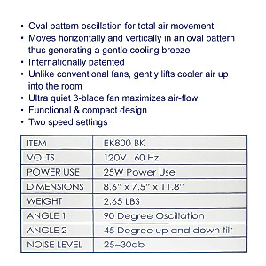 Uninex EK800BKFNSKU Patented Oval Oscillating Up and Down Table Fan, 2-Speed, Compact, ETL Listed, 8-Inch, Black