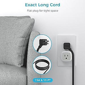 Surge Protector Extension Cord 10 Ft Black, TESSAN Flat Plug Power Strip with 10 Wide-Spaced AC Outlets and 3 USB Ports, 1875W/15A, 1700J Protection, Wall Mount Outlet Strip for Home, Office, School