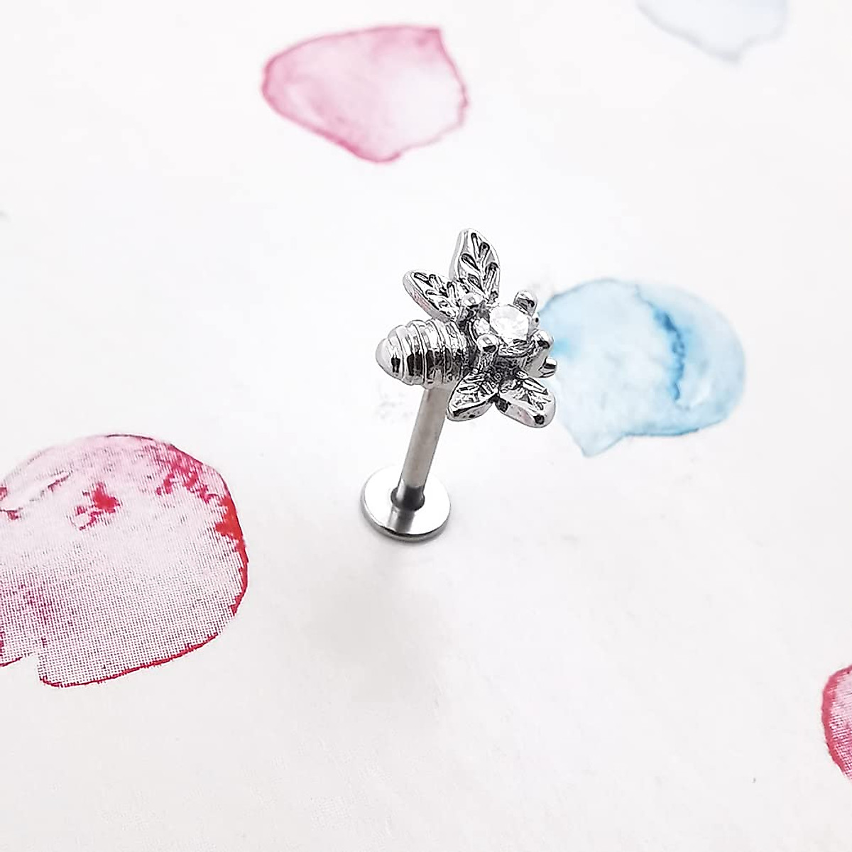 Excepro 16G 316L Surgical Stainless Steel Clear Cubic Zirconia Bee Shaped Labret Lip Ring Tragus 5/16" Cartilage Stud