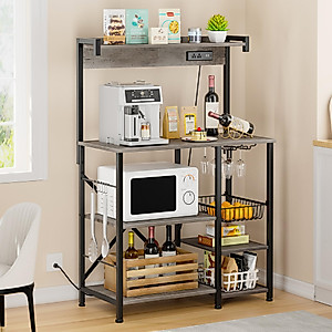 JAMFLY Kitchen Bakers Rack with Power Outlet, Coffee Bar Cabinet, Kitchen Cart, Large Microwave Stands Cart with 6 S-Shaped Hooks, Wine Glass Holder and Basket (Grey)