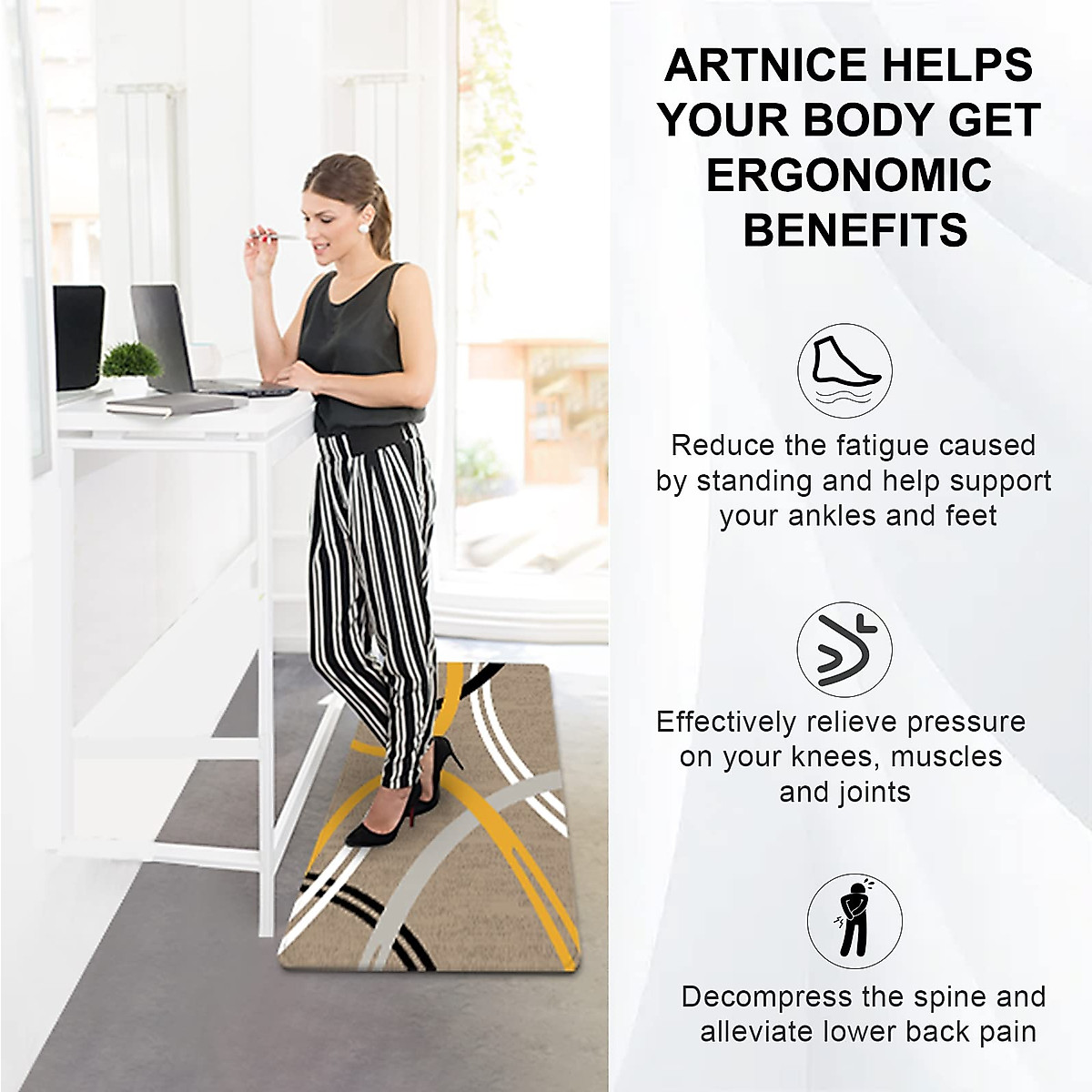 Artnice Mat for Standing Desk One Piece, Modern Abstract Design Anti Fatigue Mats for Kitchen Floor,Waterproof Memory Foam Kitchen Rugs,Cushioned Comfort Mat for Home & Office, 17.5"x32",Brown