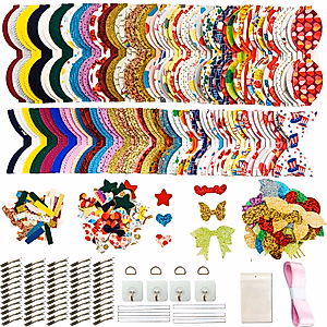 AOUXSEEM 348 Pcs 60 Set Faux Leather Hair Bows DIY Making Kit for Beginners, Contains Assorted Random Printed Glitter Solid Fabric Pre Cut Pieces, Make Stylish Girls Hair Clips