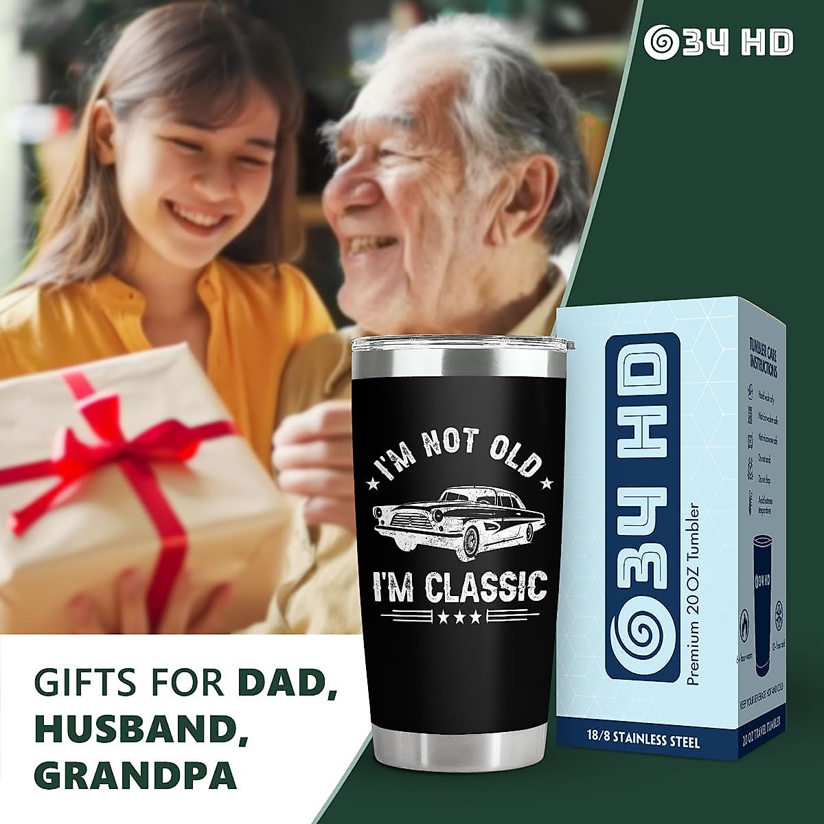 34HD Classic Dad Tumbler with Lid, 20oz Stainless Steel Vacuum Insulated Car Mug, Im Not Old Im Classic Tumbler, Birthday Christmas Father Day Gifts for New Papa Bonus Dad Husband Grandpa