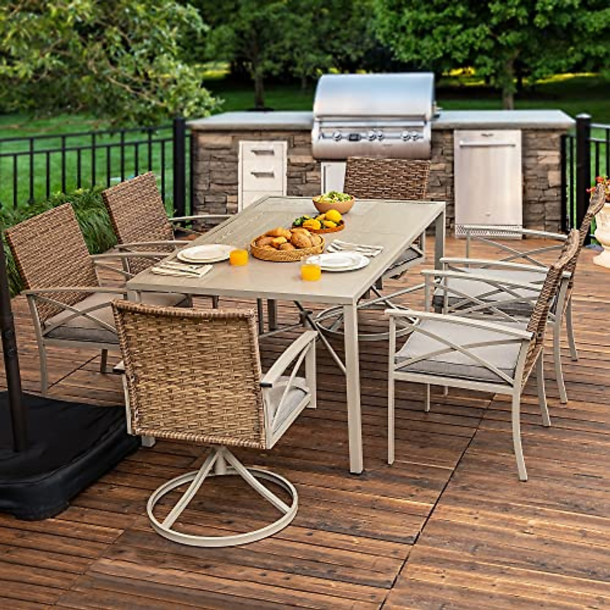 YITAHOME 7-Piece Patio Dining Set, Outdoor Wicker Conversation Furniture with 2 Rocking Chairs, Soft Gray Cushions and Imitation Wood Grain Dining Table for Backyard, Balcony and Garden