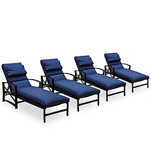 PatioFestival Patio Chaise Lounge Set of 4 Outdoor Adjustable Back Cushioned Chairs All Weather Steel Frame Lounger with Blue Pillow