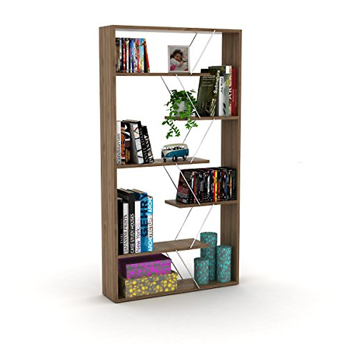 DSHADE Modern 6 Tier Book Shelf Solid Wood Tall Bookshelf Organizers Open Display Shelf Book Home Office Furniture Bookcase Open Display Shelf for Living Room Home Office (Walnut/Chrome)