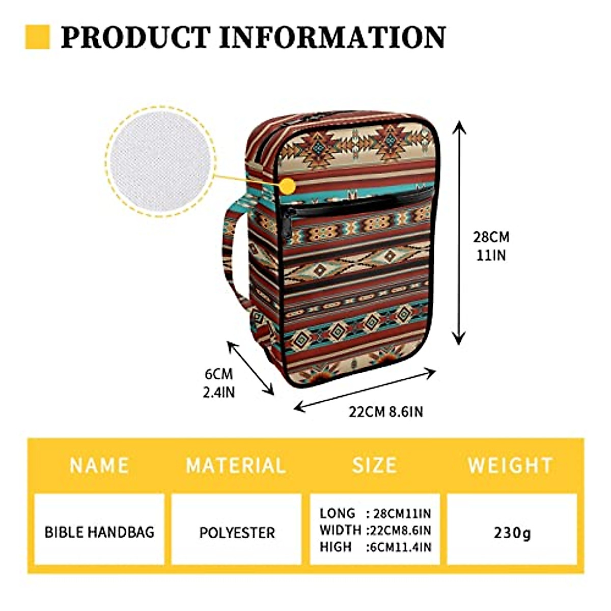 LedBack Native American Navajo Aztec Print Bible Covers for Women Men Bible Bags with Handle Zipper Pocket Bible Carrying Case Bible Accessories