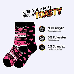 HOT FEET Boys and Girls 2 Pack Heavy Thermal Socks - Traps in Warmth – Kids Thick Insulated Crew for Casual Cold Weather Use (Heart Fair Isle)