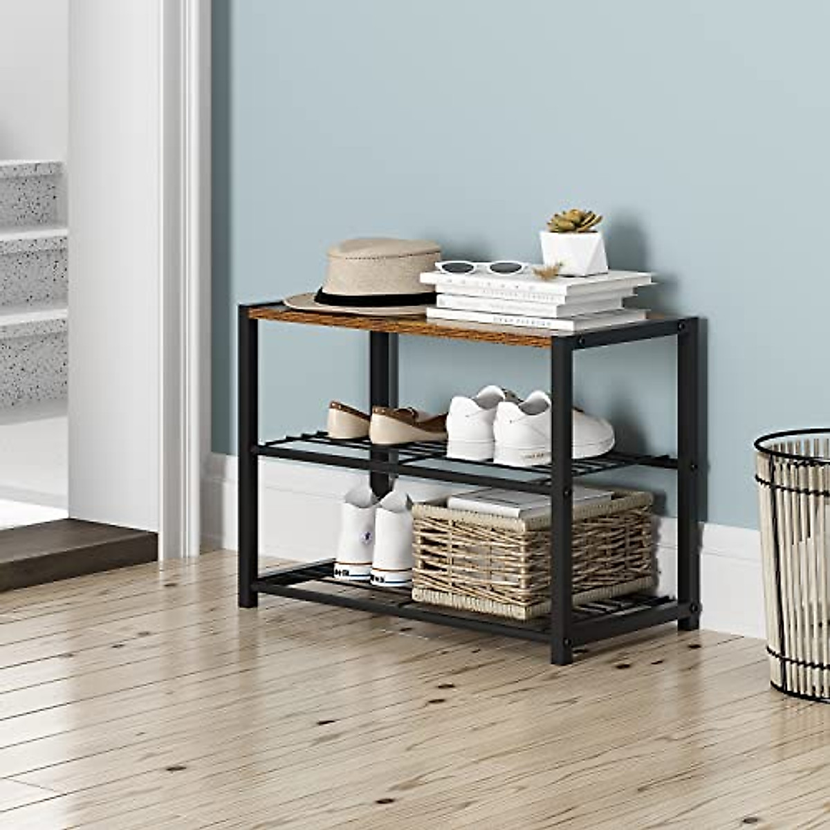 Yusong Shoe Rack, 3 Tier Shoe Organizer Storage for Closet Entryway, Narrow Slim Metal Shoe Shelves with Industrial Wooden Top, Rustic Brown and Black