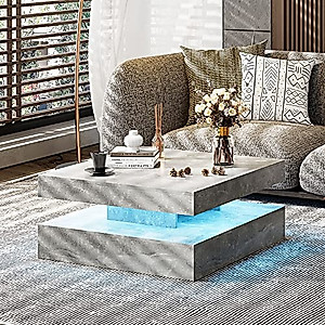 HedoAjim LED Coffee Table for Living Room, Living Room Table 2-Tier Square Middle Center Table, Modern Coffee Tables with Storage, Contemporary Wood Tea Tables for Dining Reception, Grey