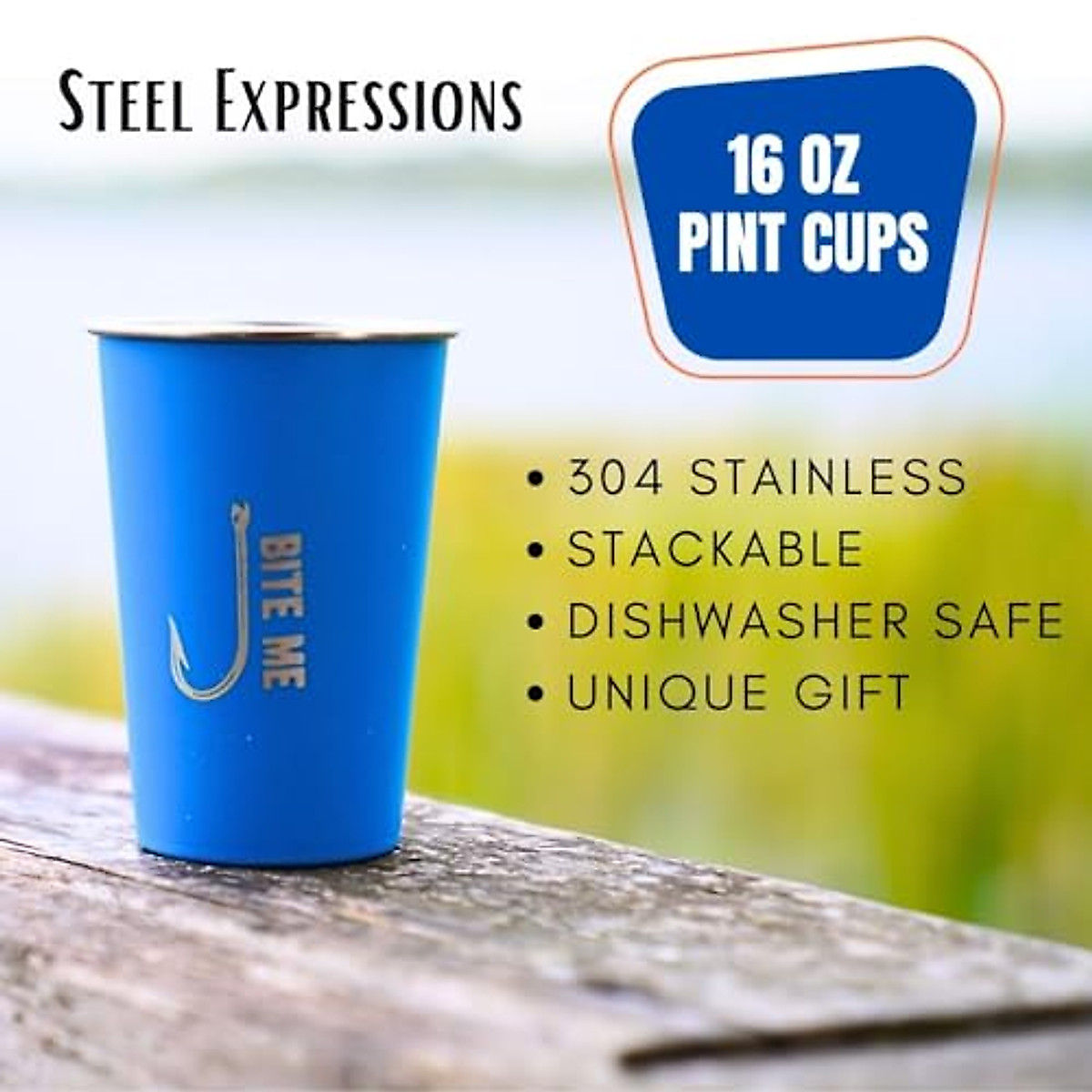 Shark Skinzz Steel Expressions Pint Cup, 16 oz Stainless Steel Cups, Stackable & Durable Drinking Cups for Camping, Reusable & Dishwasher Safe Tumblers, Set of 4 Rainbow Shimmer Cups