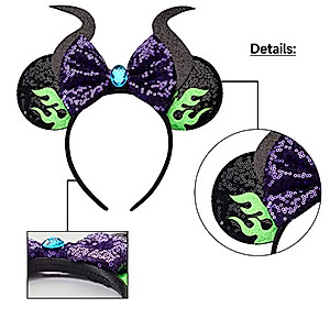 RAZKO Maleficent Horns Minnie Ears Headband, Sequin Halloween Mickey Ears Headband Mouse ears Headband for Women Girls Hair Accessories, Pick Your Color(Flaming Maleficent)