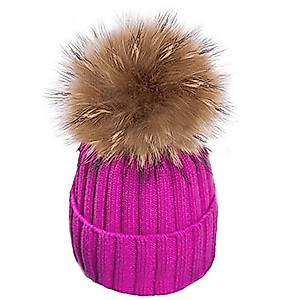 Womens Girls Warm Winter Cable Knit Hat Real Raccoon Fur Pom Pom Knit Beanie Skull Hat (Hot Pink)