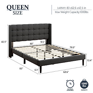 Sismplly Queen Size Bed Frame with Button Tufted Wingback Headboard, Modern Upholstered Platform Bed, Strong Wooden Slats, No Box Spring Needed, Noise-Free, Easy Assembly, Dark Grey