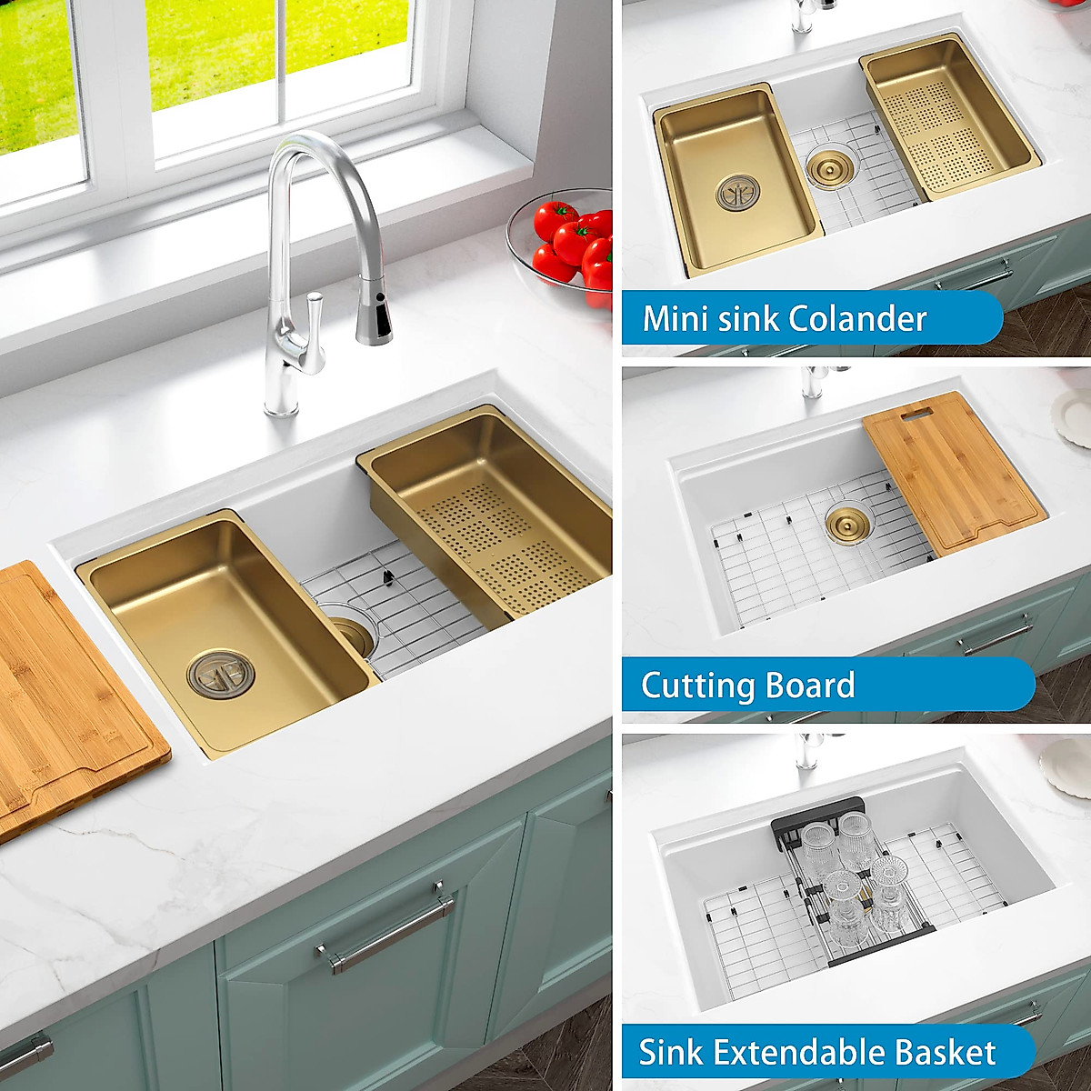 YAQUN Undermount Kitchen Sink 30 Inch, Deep Workstation Granite Composite Stone Kitchen Sink