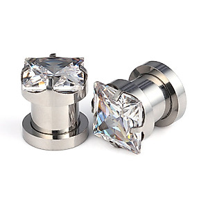 Ruifan 316L Surgical Steel Single Flare Prong Set Clear Square CZ Screw Ear Stretcher Expander Plugs Piercing Gauge 0G(8mm)- Sold As a Pair