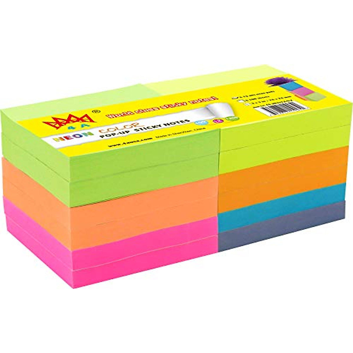 4A Sticky Pop-up Notes,3 x 3 Inches,Neon Assorted,Self-Stick Notes,100 Sheets/Pad,12 Pads/Pack,4A 303x12-N-Z