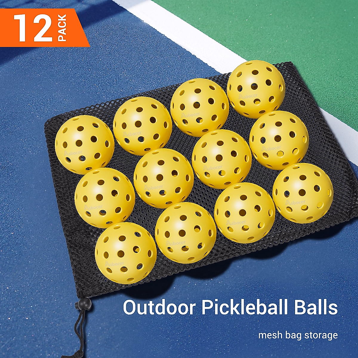 Asbocer Pickleball Balls, USAPA Approved Pickleballs, 12-Pack 40 Holes Outdoor Pickleball Balls with Mesh Bag, High Elasticity & Durable Yellow Pickle Balls for All Style Pickleball Paddles