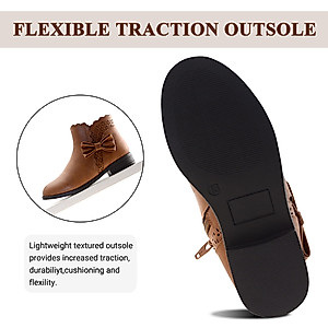 LseLom Girls Ankle Boots Kids Ankle Booties Bow Side Zipper Low Heel Outdoor Warm Shoes for Little Kids/Big Kids PU Brown Size 2