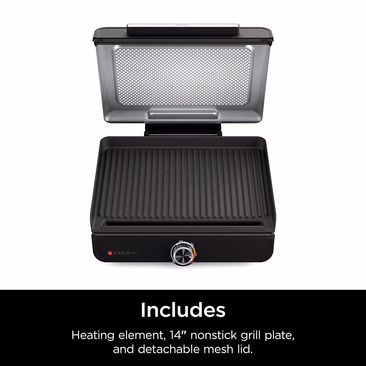 Ninja GR100 Sizzle Smokeless Indoor Grill with Nonstick Grill Plate, Dishwasher-Safe Removable Mesh Lid, 500F Max Heat, Even Edge-to-Edge Cooking, Black (Renewed)