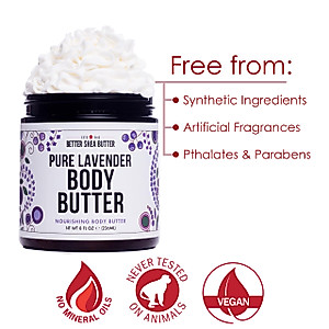 Lavender Body Butter with Shea Butter, Jojoba Oil & Lavender Essential Oil - Natural Lotion for Women, Non-Greasy Moisturizer for Dry Skin, Whipped Body Cream with Lavender Oil for Skin