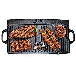 Jim Beam Skillet Pre Seasoned Heavy Duty Construction Double Sided Cast Iron Griddle Pan with Superior Heat Retention, 20"x1"x9", Large, Black,BBQ168