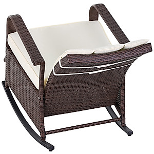 Outsunny Outdoor Rattan Rocking Chair Patio Recliner with Soft Cushions, Adjustable Footrest, Max. 135 Degree Backrest, PE Wicker, Beige