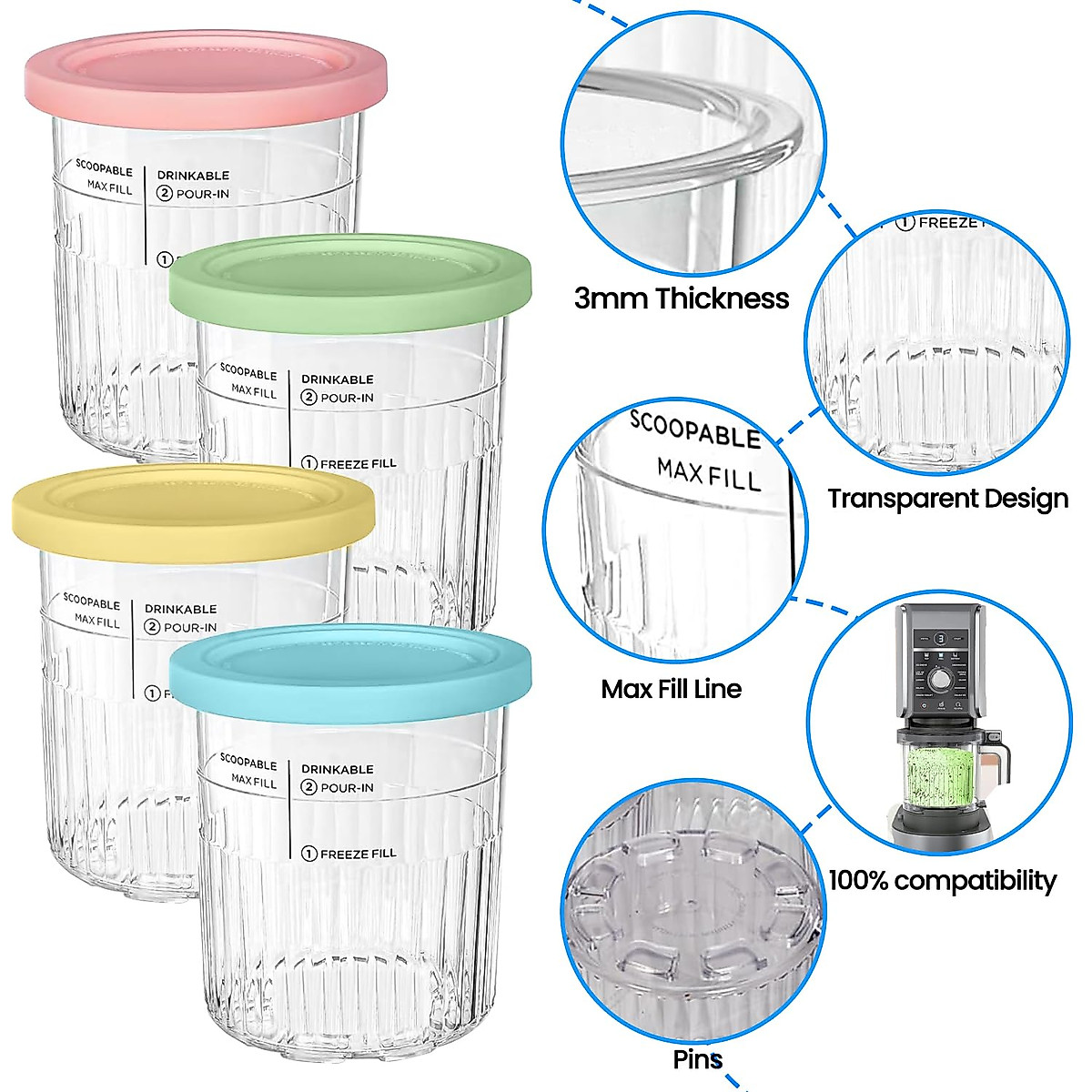 4 Pack-Compatible with NC501 NC500 Ninja Creami Deluxe Pints and Lids, Replacement for Ninja Creami 11-in-1 Series Deluxe Ice Cream Maker, 24oz Cups Dishwasher Safe with 5 Spoons and Insulated Bag