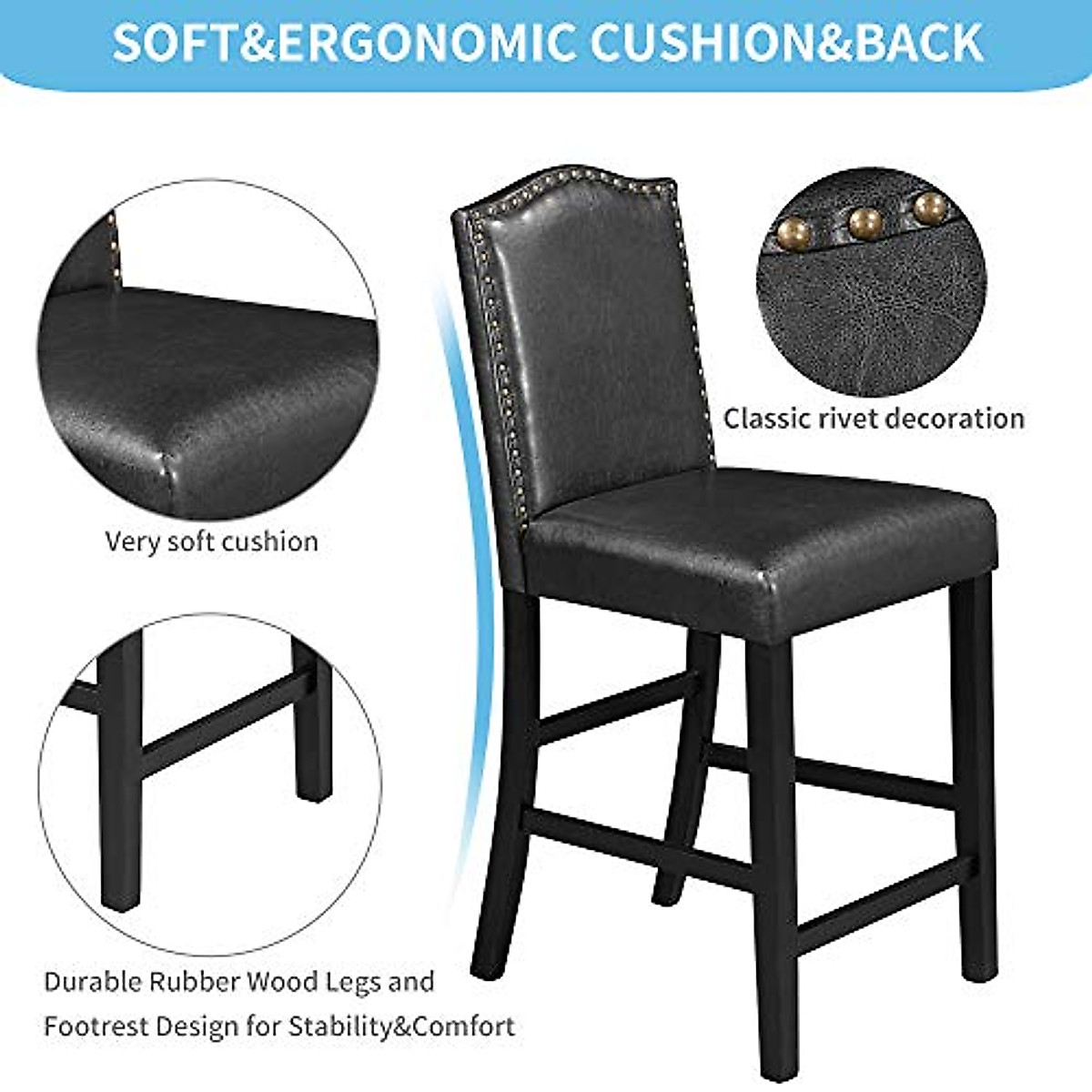 YuiHome Set 5 Piece Matching Bottom Shelf for Dining Room, Faux Marble Kitchen 4 Persons,Black Chair+Gray Table