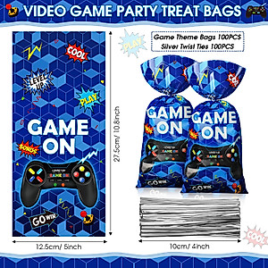 100pcs Video Game Party Bags Plastic Video Game Loot Bags Gaming Goody Candy Treat Bags with 100 Silver Twist Ties Game on Favor Bags Video Games Theme Party Decoration for Game Birthday Party(Blue)