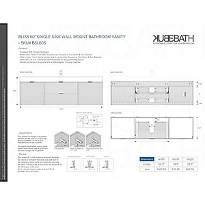 KubeBath Bliss 60" Gray Oak Wall Mount Single Sink Modern Bathroom Vanity