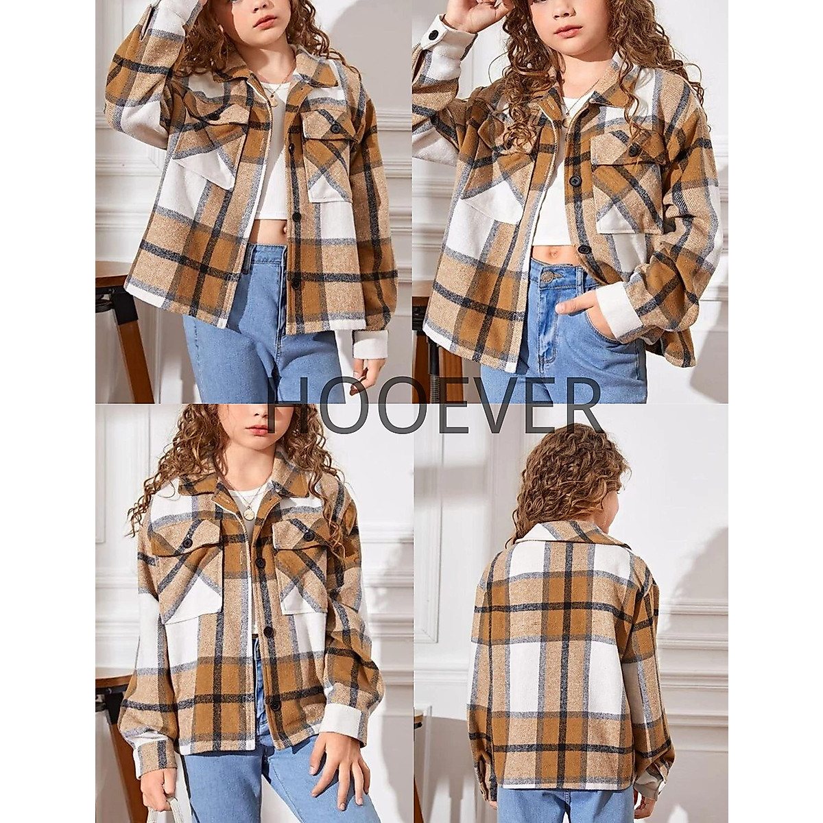 Hooever Girl's Boy's Brushed Plaid Shirts Pockets Button Down Plaid Flannel Shacket (Khaki, 4T)