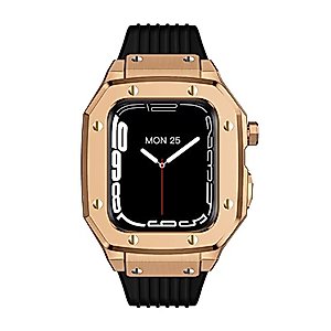 AXPTI For Apple Watch Series 8 7 6 5 4 SE 45mm 42mm 44mm Luxury Metal Rubber Stainless Steel Watch Modification Mod Kit Accessories Alloy Watch Case (Color : Black rose gold 1, Size : 44mm)