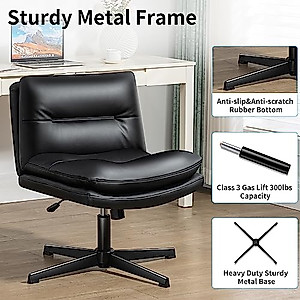 Office Chair Armless Desk Chair No Wheels,Thick Padded Leather Home Office Chairs, Adjustable Swivel Rocking Vanity Chair, Wide Task Computer Chair for Office,Home,Make Up,Small Space,Bedroom Black