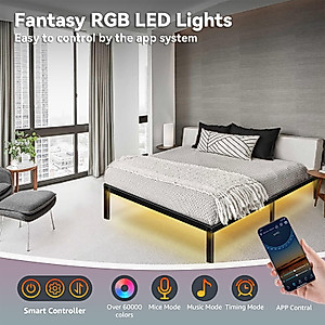 HAAGEEP Metal Queen Bed Frame with Led Lights Queen-Size Platform Bedframe No Box Spring Needed Mattress Frames 14 Inch High