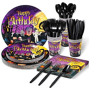 Halloween Party Supplies, Halloween Birthday Plates and Napkins Set, Disposable Paper Plates Napkins Cups Knives Spoons Forks for Kids Boy Girl Halloween Theme Birthday Party Decorations, Serve 25