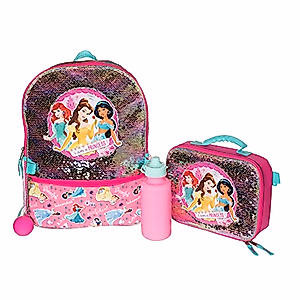 Disney Princess 4 Piece Backpack Set, Flip Sequin 16" School Bag for Girls with Front Zip Pocket, Pink