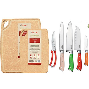 Elihome 2-piece Class Dishwasher Safe Cutting Board Set with 5-piece Premium Stainless Colorful handle Steel Knife Set