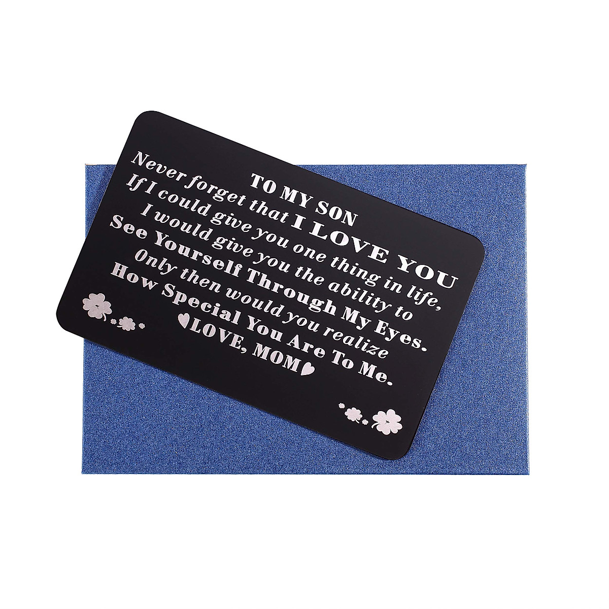 Personalized Engraved Message Wallet Card Inserts Customized for Son from Mom - I Love You - Birthday Christmas Graduation Deployment - Unique Custom Metal Cards for Him from Mother