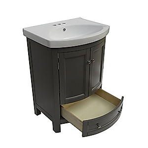 RUNFINE RFVA0069G 24 inch Wide All Wood Modern Gray Vanity with vitreous China top, 2 Doors and 1 Slow Close Arch Drawer