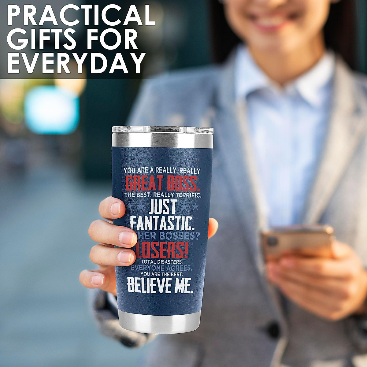 Tinasona Navy Blue Best Boss Ever Gifts for Men Women You’re A Great Boss Tumbler 20 Oz Cup Birthday Christmas Mother Father Day Gifts for Bosses Day Funny Coffee Mug Cup