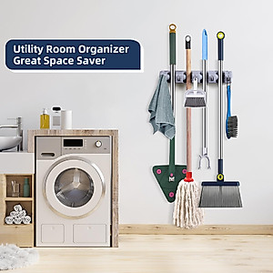 Kiemeu Mop And Broom Holder Wall Mount Cleaning Supplies Organizer For Closet Laundry Room Garden Tool Hangers For Garage Wall Hanging Rack Utility Shop Organization And Storage