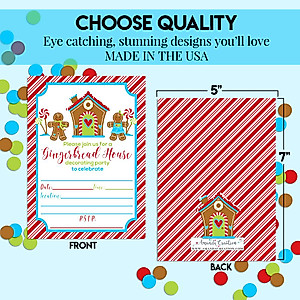 Amanda Creation Christmas Invitations with Envelopes – Gingerbread House Decorating, 20 Pack 5x7 Double Sided Fill-In Invite Cards with Twenty White Envelopes Perfect for Christmas Birthday Parties